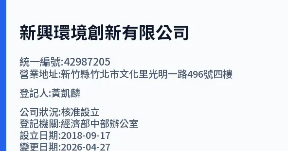 新興環境創新有限公司的照片-統編 42987205(新竹縣) 公司登記資料與營業項目詳細圖表