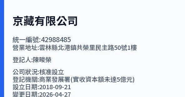 京藏有限公司的照片-統編 42988485(雲林縣) 公司登記資料與營業項目詳細圖表