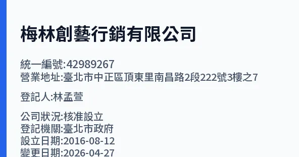 梅林創藝行銷有限公司的照片-統編 42989267(臺北市) 公司登記資料與營業項目詳細圖表