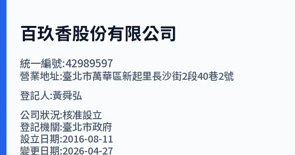 百玖香股份有限公司的照片-統編 42989597(臺北市) 公司登記資料與營業項目詳細圖表