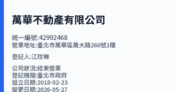萬華不動產有限公司的照片-統編 42992468(臺北市) 公司登記資料與營業項目詳細圖表