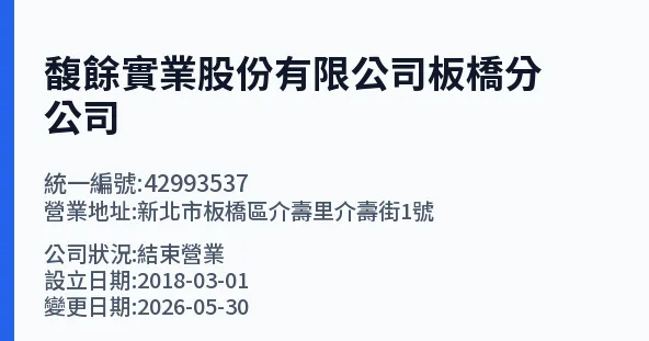 馥餘實業股份有限公司板橋分公司的照片-統編 42993537(新北市) 公司登記資料與營業項目詳細圖表