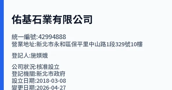 佑基石業有限公司的照片-統編 42994888(新北市) 公司登記資料與營業項目詳細圖表