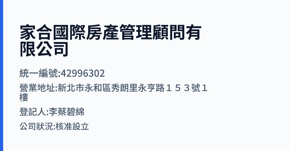 家合國際房產管理顧問有限公司 - 統編 42996302(新北市) 公司登記資料與營業項目詳細圖表