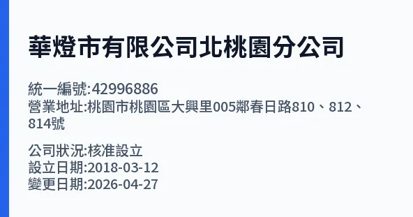 華燈市有限公司北桃園分公司的照片-統編 42996886(桃園市) 公司登記資料與營業項目詳細圖表