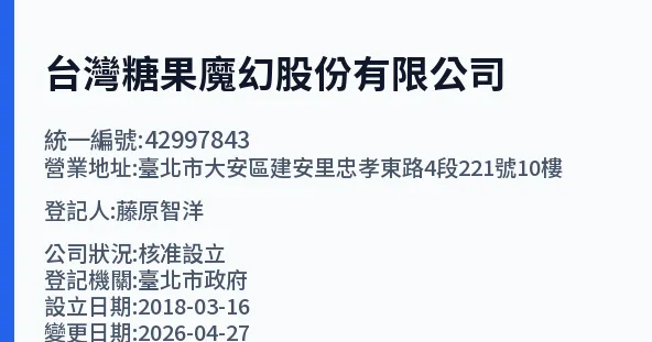 台灣糖果魔幻股份有限公司的照片-統編 42997843(臺北市) 公司登記資料與營業項目詳細圖表