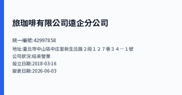 旅珈啡有限公司遠企分公司的照片-統編 42997858(臺北市) 公司登記資料與營業項目詳細圖表