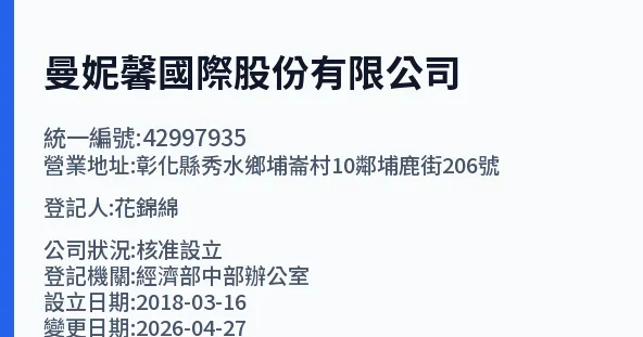 曼妮馨國際股份有限公司的照片-統編 42997935(彰化縣) 公司登記資料與營業項目詳細圖表