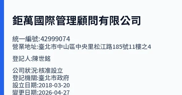 鉅萬國際管理顧問有限公司的照片-統編 42999074(臺北市) 公司登記資料與營業項目詳細圖表