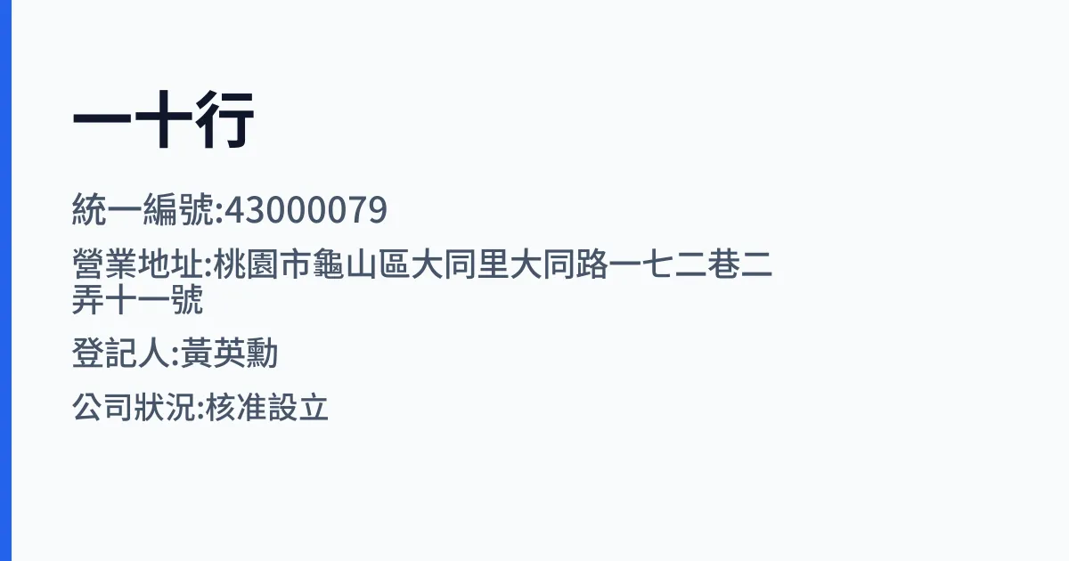 一十行 - 統編 43000079(桃園市) 公司登記資料與營業項目詳細圖表