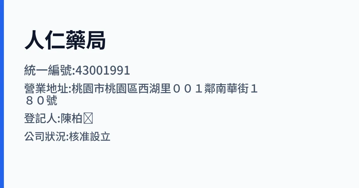 人仁藥局 - 統編 43001991(桃園市) 公司登記資料與營業項目詳細圖表
