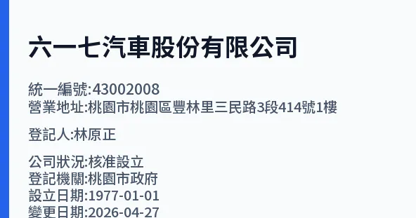六一七汽車股份有限公司的照片-統編 43002008(桃園市) 公司登記資料與營業項目詳細圖表