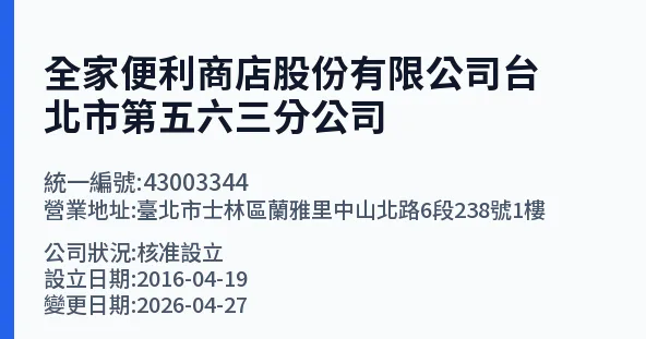 全家便利商店股份有限公司台北市第五六三分公司的照片-統編 43003344(臺北市) 公司登記資料與營業項目詳細圖表