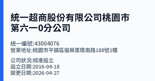 統一超商股份有限公司桃園市第六一0分公司的照片-統編 43004076(桃園市) 公司登記資料與營業項目詳細圖表