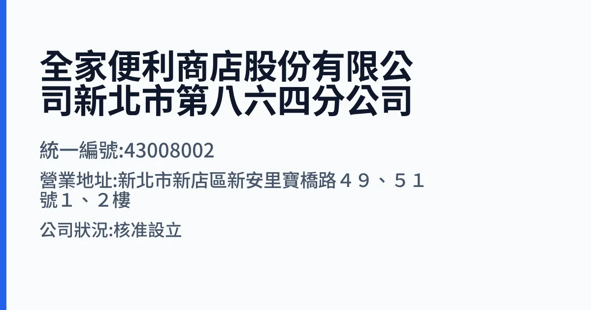 全家便利商店股份有限公司新北市第八六四分公司 - 統編 43008002(新北市) 公司登記資料與營業項目詳細圖表