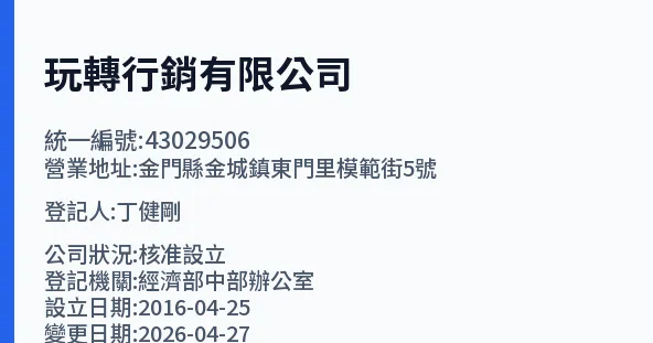 玩轉行銷有限公司的照片-統編 43029506(金門縣) 公司登記資料與營業項目詳細圖表