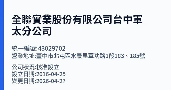 全聯實業股份有限公司台中軍太分公司的照片-統編 43029702(臺中市) 公司登記資料與營業項目詳細圖表