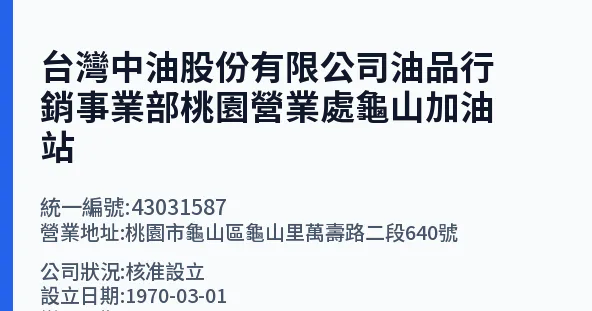 台灣中油股份有限公司油品行銷事業部桃園營業處龜山加油站的照片-統編 43031587(桃園市) 公司登記資料與營業項目詳細圖表