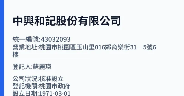 中興和記股份有限公司的照片-統編 43032093(桃園市) 公司登記資料與營業項目詳細圖表