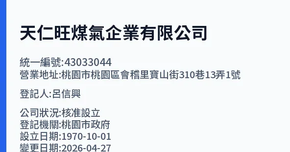 天仁旺煤氣企業有限公司的照片-統編 43033044(桃園市) 公司登記資料與營業項目詳細圖表