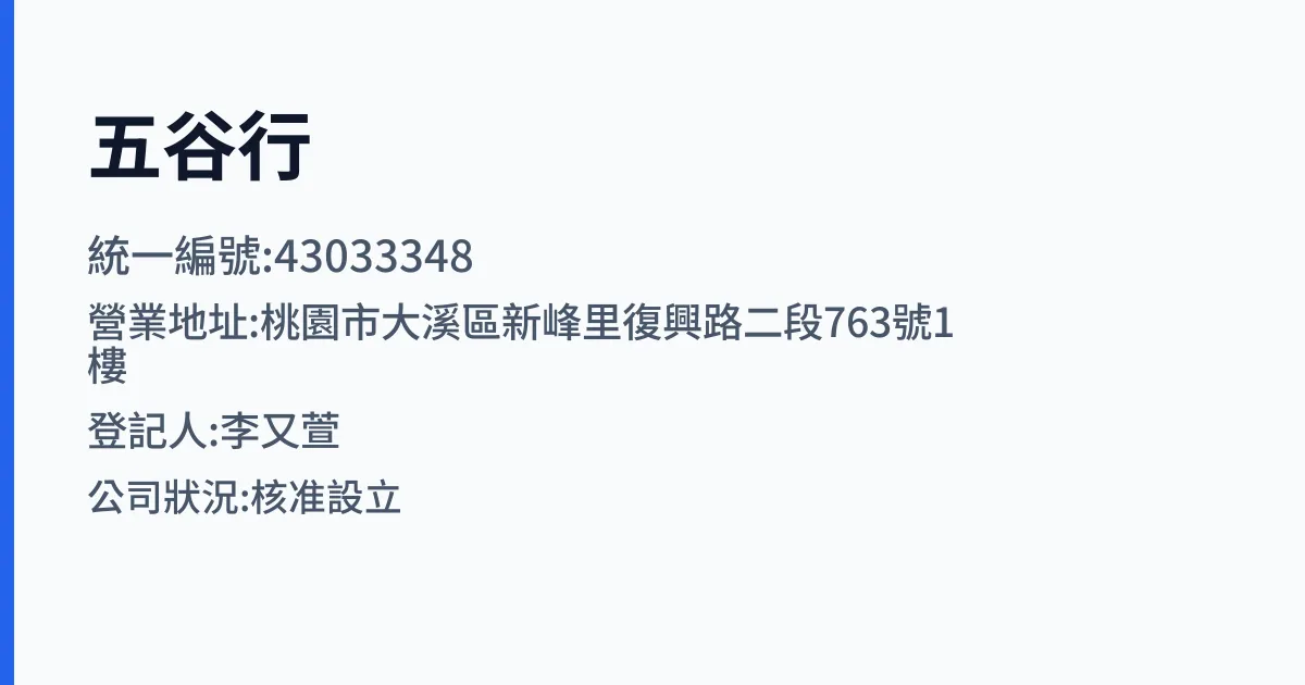 五谷行 - 統編 43033348（桃園市） 公司登記資料與營業項目詳細圖表
