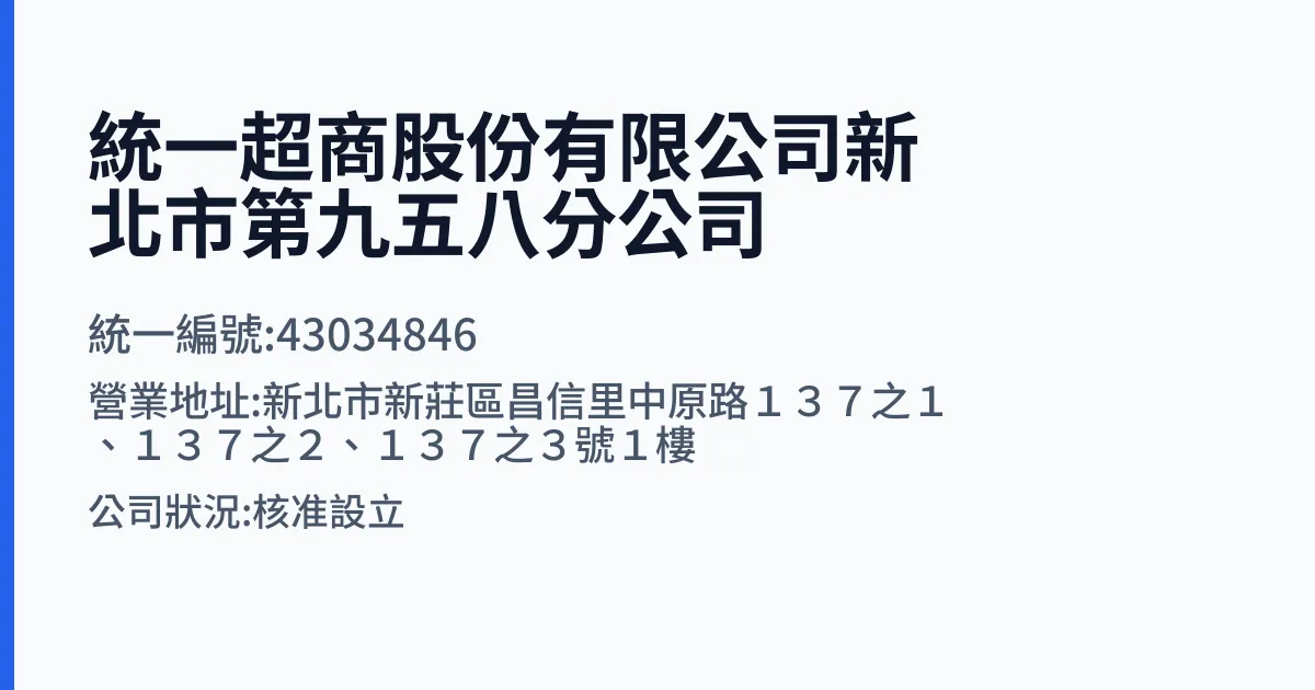 統一超商股份有限公司新北市第九五八分公司 - 統編 43034846(新北市) 公司登記資料與營業項目詳細圖表