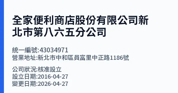 全家便利商店股份有限公司新北市第八六五分公司的照片-統編 43034971(新北市) 公司登記資料與營業項目詳細圖表