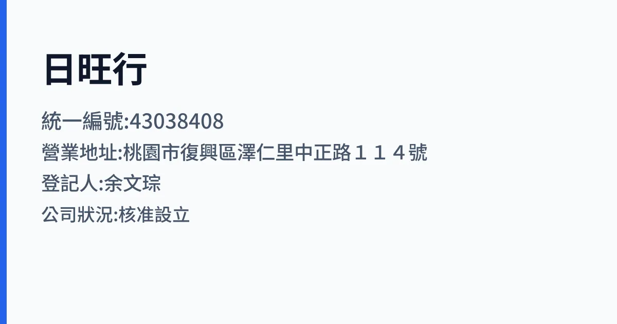 日旺行 - 統編 43038408(桃園市) 公司登記資料與營業項目詳細圖表