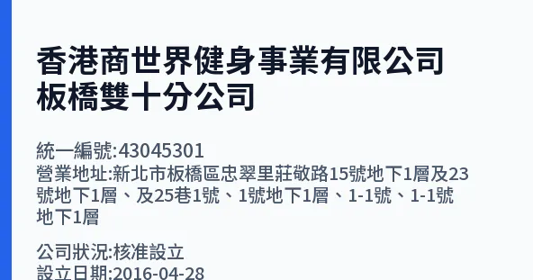 香港商世界健身事業有限公司板橋雙十分公司的照片-統編 43045301(新北市) 公司登記資料與營業項目詳細圖表