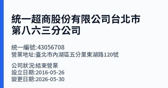統一超商股份有限公司台北市第八六三分公司的照片-統編 43056708(臺北市) 公司登記資料與營業項目詳細圖表