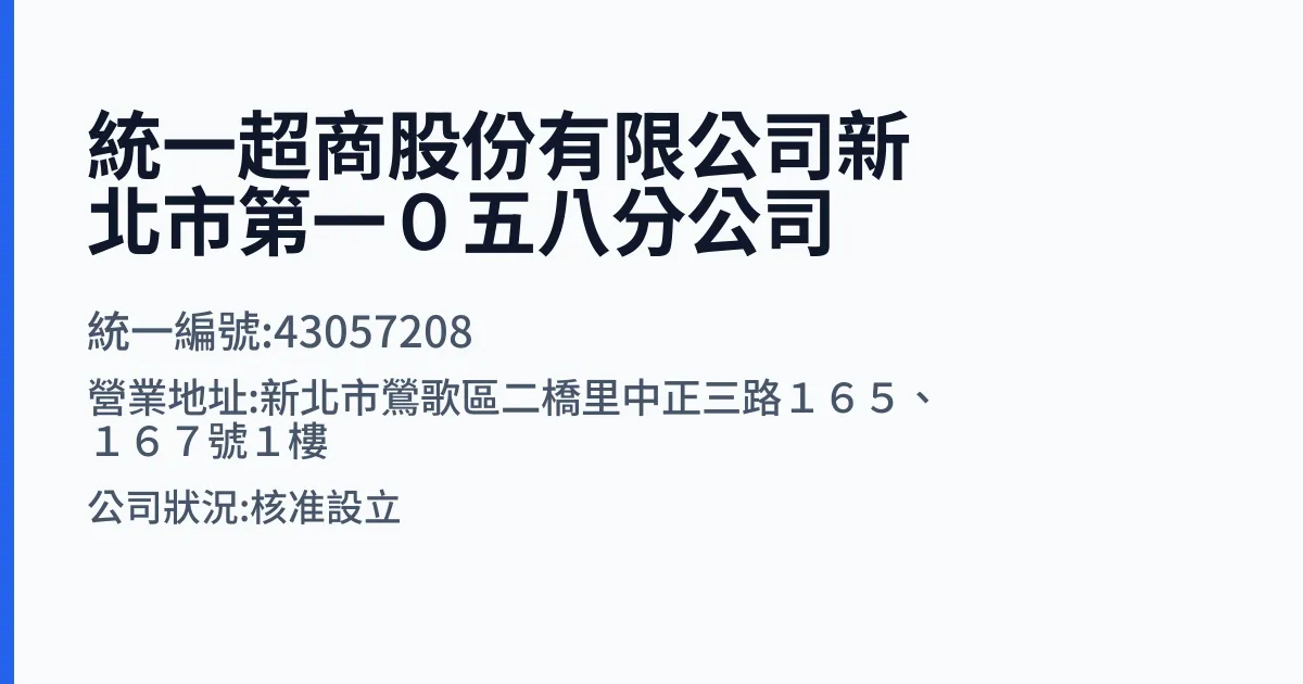 統一超商股份有限公司新北市第一０五八分公司 - 統編 43057208(新北市) 公司登記資料與營業項目詳細圖表