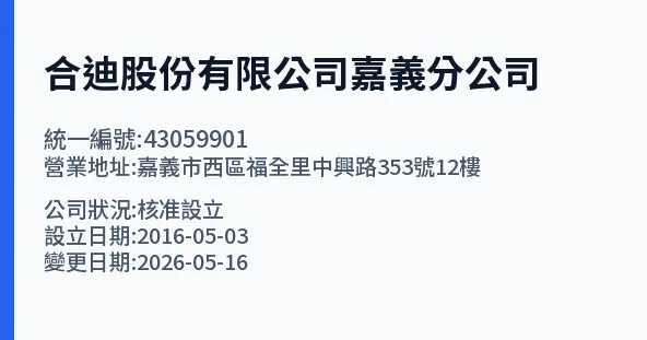 合迪股份有限公司嘉義分公司的照片-統編 43059901(嘉義市) 公司登記資料與營業項目詳細圖表