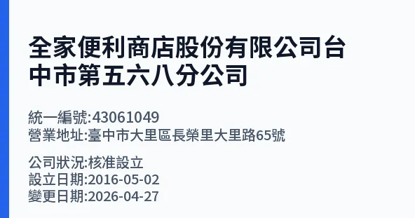 全家便利商店股份有限公司台中市第五六八分公司的照片-統編 43061049(臺中市) 公司登記資料與營業項目詳細圖表