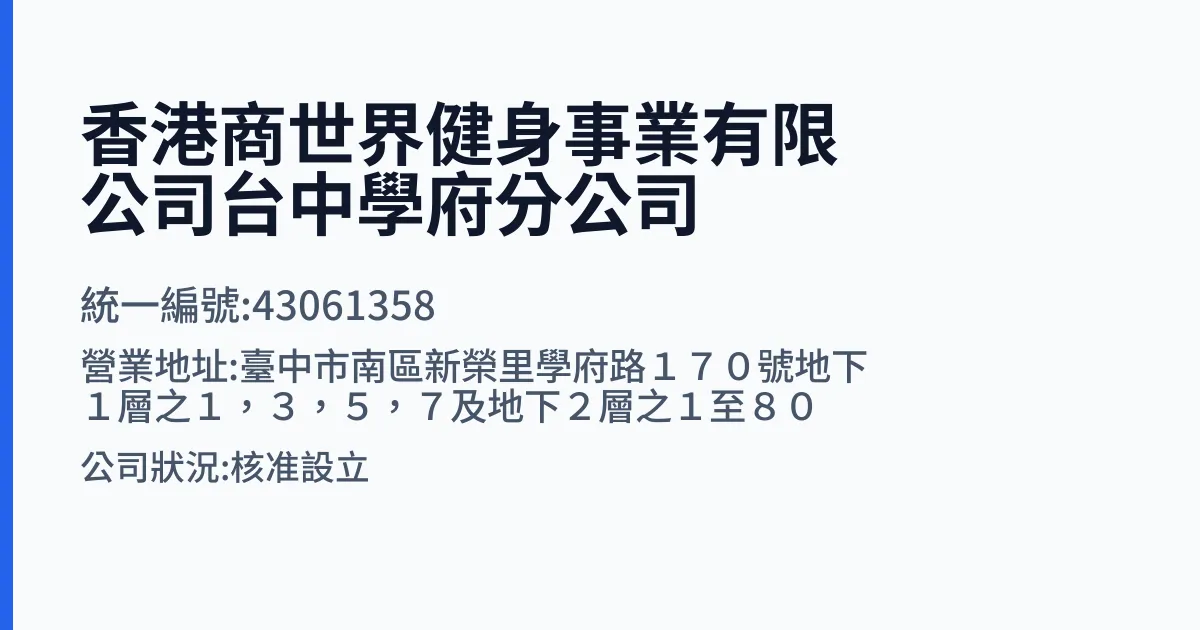 香港商世界健身事業有限公司台中學府分公司 - 統編 43061358(臺中市) 公司登記資料與營業項目詳細圖表