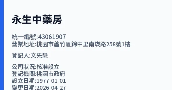 永生中藥房的照片-統編 43061907(桃園市) 公司登記資料與營業項目詳細圖表