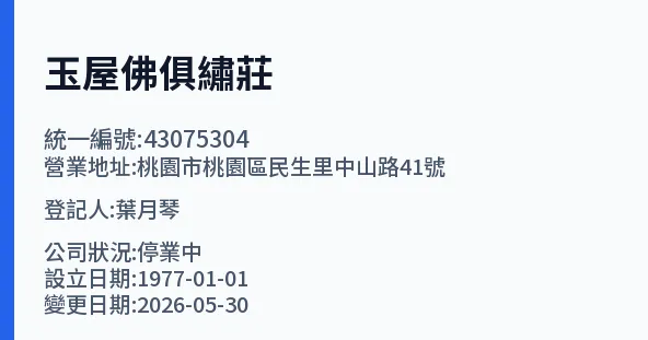 玉屋佛俱繡莊的照片-統編 43075304(桃園市) 公司登記資料與營業項目詳細圖表