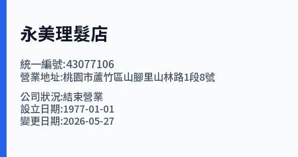 永美理髮店的照片-統編 43077106(桃園市) 公司登記資料與營業項目詳細圖表