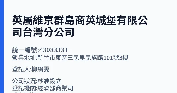 英屬維京群島商英城堡有限公司台灣分公司的照片-統編 43083331(新竹市) 公司登記資料與營業項目詳細圖表