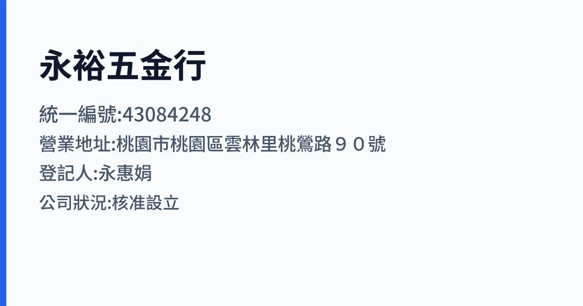 永裕五金行 - 統編 43084248(桃園市) 公司登記資料與營業項目詳細圖表