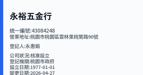 永裕五金行的照片-統編 43084248(桃園市) 公司登記資料與營業項目詳細圖表
