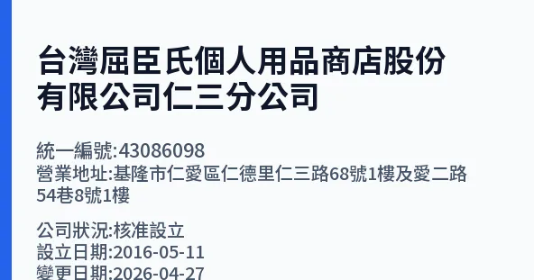 台灣屈臣氏個人用品商店股份有限公司仁三分公司的照片-統編 43086098(基隆市) 公司登記資料與營業項目詳細圖表