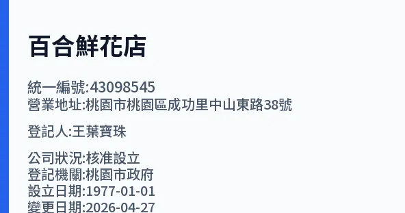 百合鮮花店的照片-統編 43098545(桃園市) 公司登記資料與營業項目詳細圖表