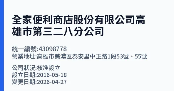 全家便利商店股份有限公司高雄市第三二八分公司的照片-統編 43098778(高雄市) 公司登記資料與營業項目詳細圖表