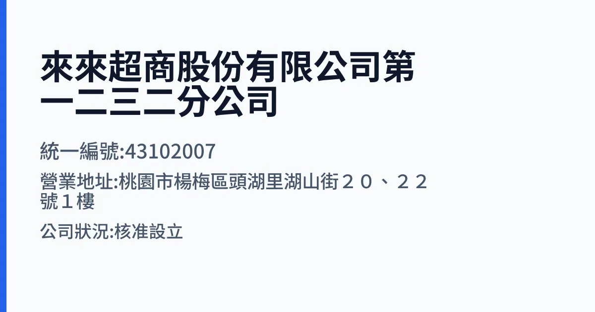 來來超商股份有限公司第一二三二分公司 - 統編 43102007（桃園市） 公司登記資料與營業項目詳細圖表