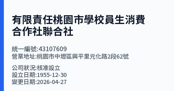 有限責任桃園市學校員生消費合作社聯合社的照片-統編 43107609(桃園市) 公司登記資料與營業項目詳細圖表