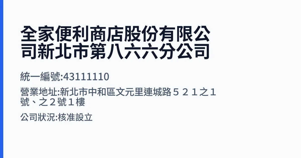 全家便利商店股份有限公司新北市第八六六分公司 - 統編 43111110(新北市) 公司登記資料與營業項目詳細圖表
