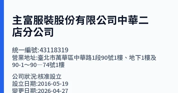 主富服裝股份有限公司中華二店分公司的照片-統編 43118319(臺北市) 公司登記資料與營業項目詳細圖表