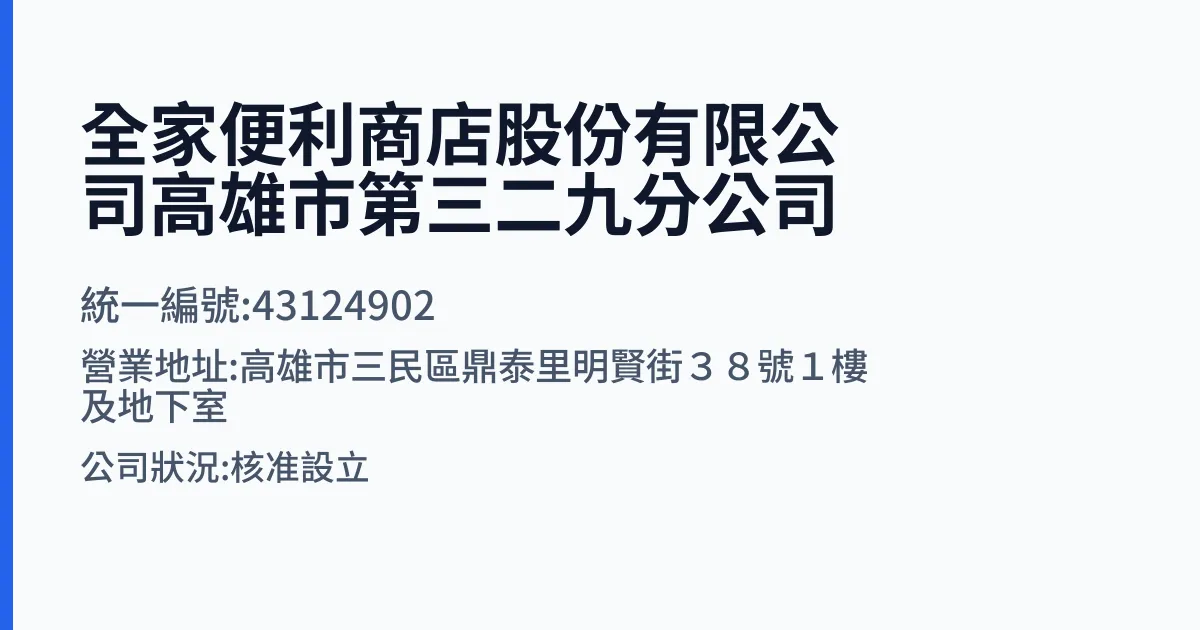 全家便利商店股份有限公司高雄市第三二九分公司 - 統編 43124902(高雄市) 公司登記資料與營業項目詳細圖表