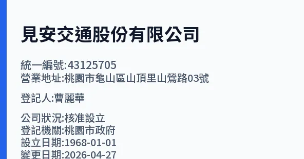 見安交通股份有限公司的照片-統編 43125705(桃園市) 公司登記資料與營業項目詳細圖表