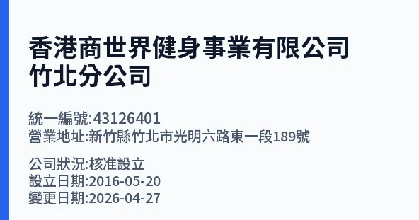 香港商世界健身事業有限公司竹北分公司的照片-統編 43126401(新竹縣) 公司登記資料與營業項目詳細圖表
